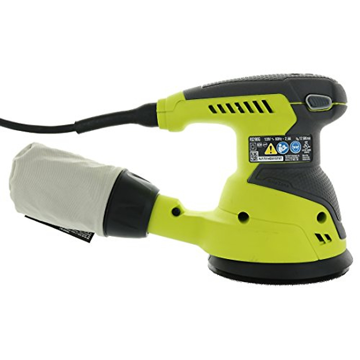Ryobi RS290G 2.6 Amp 12,500 OPM Single Speed 5 Inch Hook and Loop Corded Random Orbit Sander w/ 3 Pads and Dust Bag