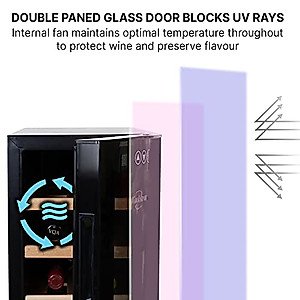 Koolatron Deluxe 12 Bottle Wine Cooler with Beech Wood Racks, Black, Thermoelectric Wine Fridge, 1 cu. ft. Freestanding Wine Refrigerator, Red, White and Sparkling Wine Storage for Kitchen or Home Bar