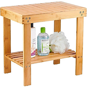 VaeFae Bamboo Spa Bench Wood Seat Stool Foot Rest Shaving Stool with Non-Slip Feets Storage Shelf for Shampoo Towel,Works in Bathroom/ Living Room/ Bedroom/Garden Leisure