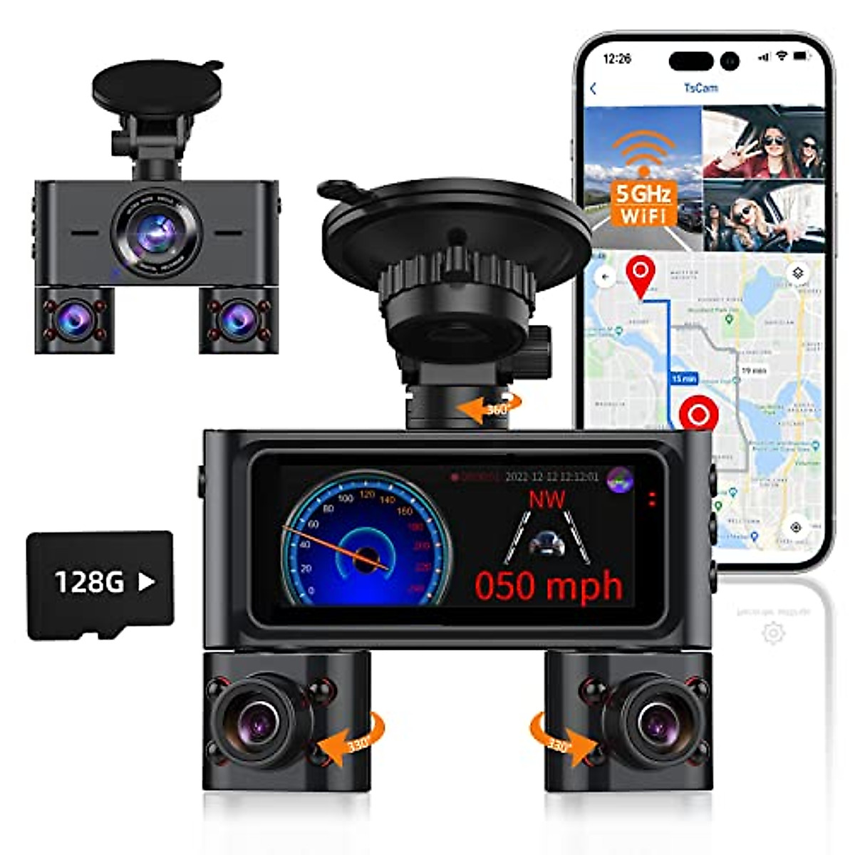 HUPEJOS V7PRO 3 Channel Dash Cam with 5GHz WiFi GPS, 4K Car Camera，128GB Card,4K Front+1080P Left or Right, 1440P+1080P+1080P Dash Camera for Cars, IR Night Vision,24 Hours Radar Detection