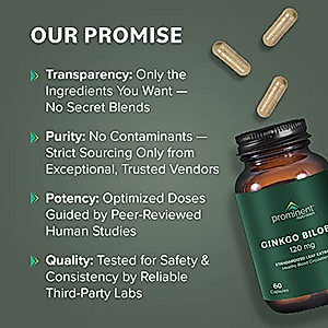 Prominent Nutrition Ginkgo Biloba 120mg - Ginkgo Biloba Leaf Extract, Herbal Supplements to Help Support Memory & Focus- Vegan, Non-GMO, Gluten-Free, Soy-Free, 60 Day Supply