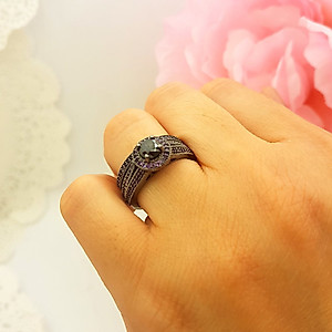 Dazzlingrock Collection Black Rhodium Plated 10K Round Amethyst & Black Diamond Halo Wedding Ring Set in 10K White Gold, Size 7