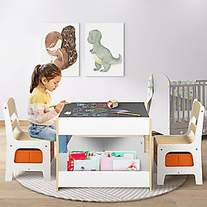 TODEFULL Kids Table and Chair Set, 4-in-1 Wood Activity Table w/Storage Bins, Detachable Tabletop, Blackboard, Bookshelf, Toddler Table and Chairs for Crafts/Drawing/Reading/Playing, Natural & Orange