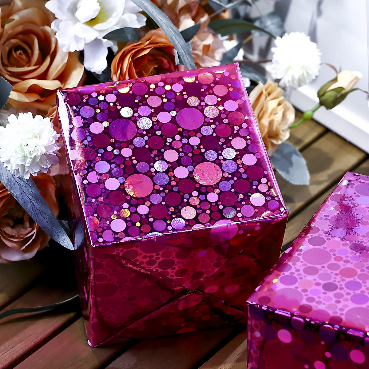 LeZakaa Pink Holographic Wrapping Paper - Mini Roll - Polka Dot Print for Mother's Day, Wedding, Engagement - 17 inches x 32.8 Feet (46.5 sq.ft.)