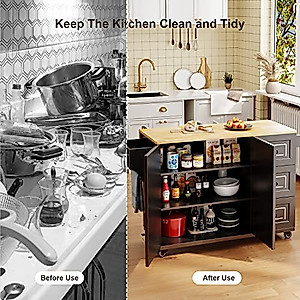 Qsun Kitchen Island with Storage on Wheels with Drop Leaf, Kitchen Island Cart with Rubber Wood Top, Large Storage Cabinet, Three Large Drawers, Side Towel Rack and Spice Rack (Black)