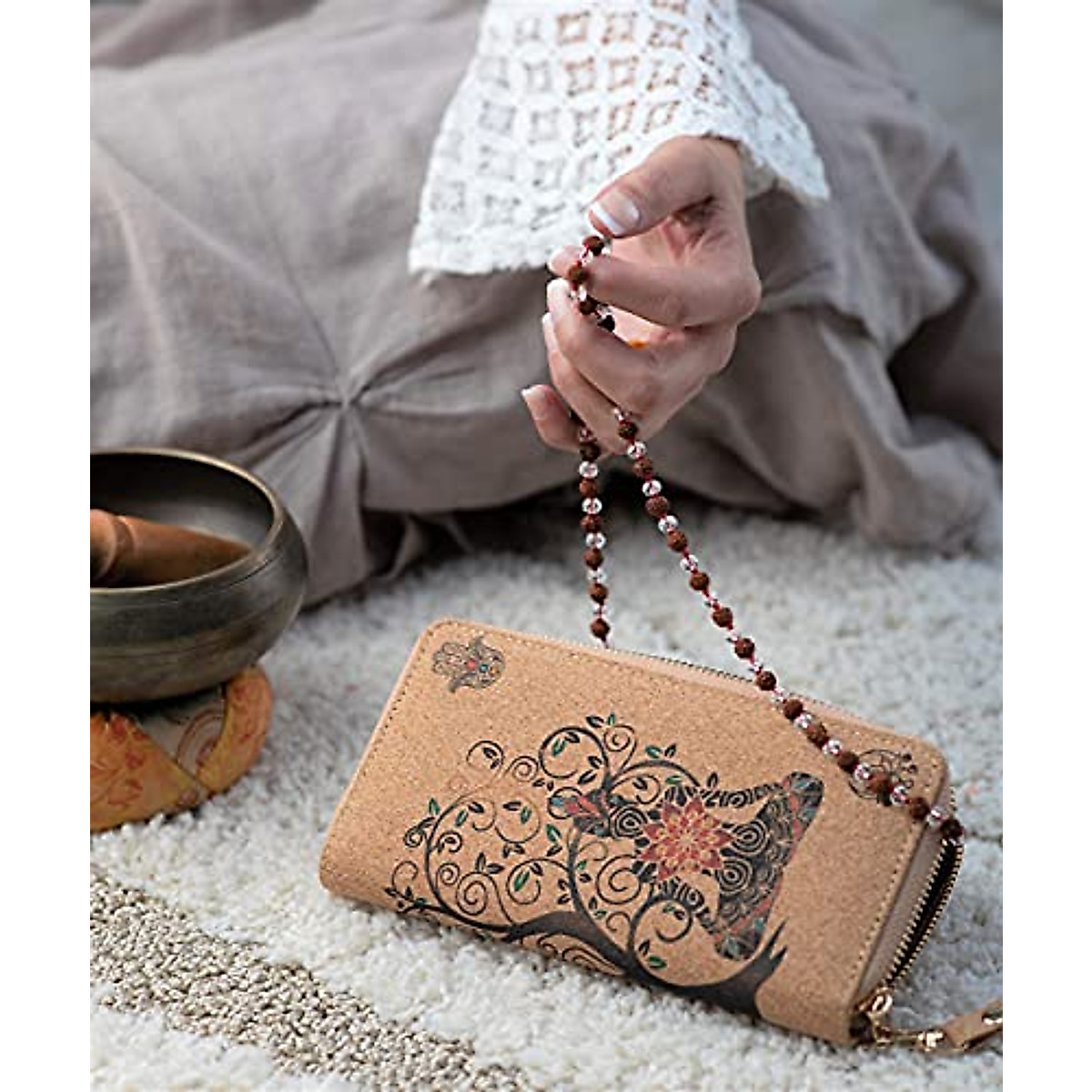 Buddha Cork Vegan Wristlet Wallet - Ganesh, Hamsa, OM, lotus flower- Room for credit card, coins, bills, cellphone