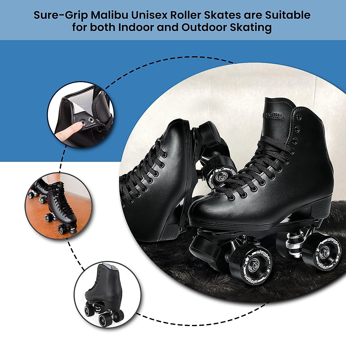 Sure-Grip Malibu Unisex Roller Skates | Stylish and Durable Vegan Leather Upper | Equipped with Sturdy Aluminum Trucks and ABEC 3 Bearings - Wheels Featuring an 88a Hardness Rating, Made in USA
