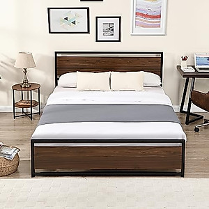 HAUSHECK Queen Size Platform Bed Frame, Industrial Stlye Bed Frames w/Headboard & Footboard, Metal Bedframe No Box Spring Needed w/Strong Steel Slat Support Mattress Foundation for Teen, Adults