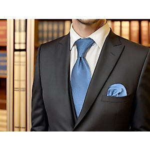 S&W SHLAX&WING Tie for Men Steel Blue Neckties Solid Color Classic Size Necktie with Pocket Square Set