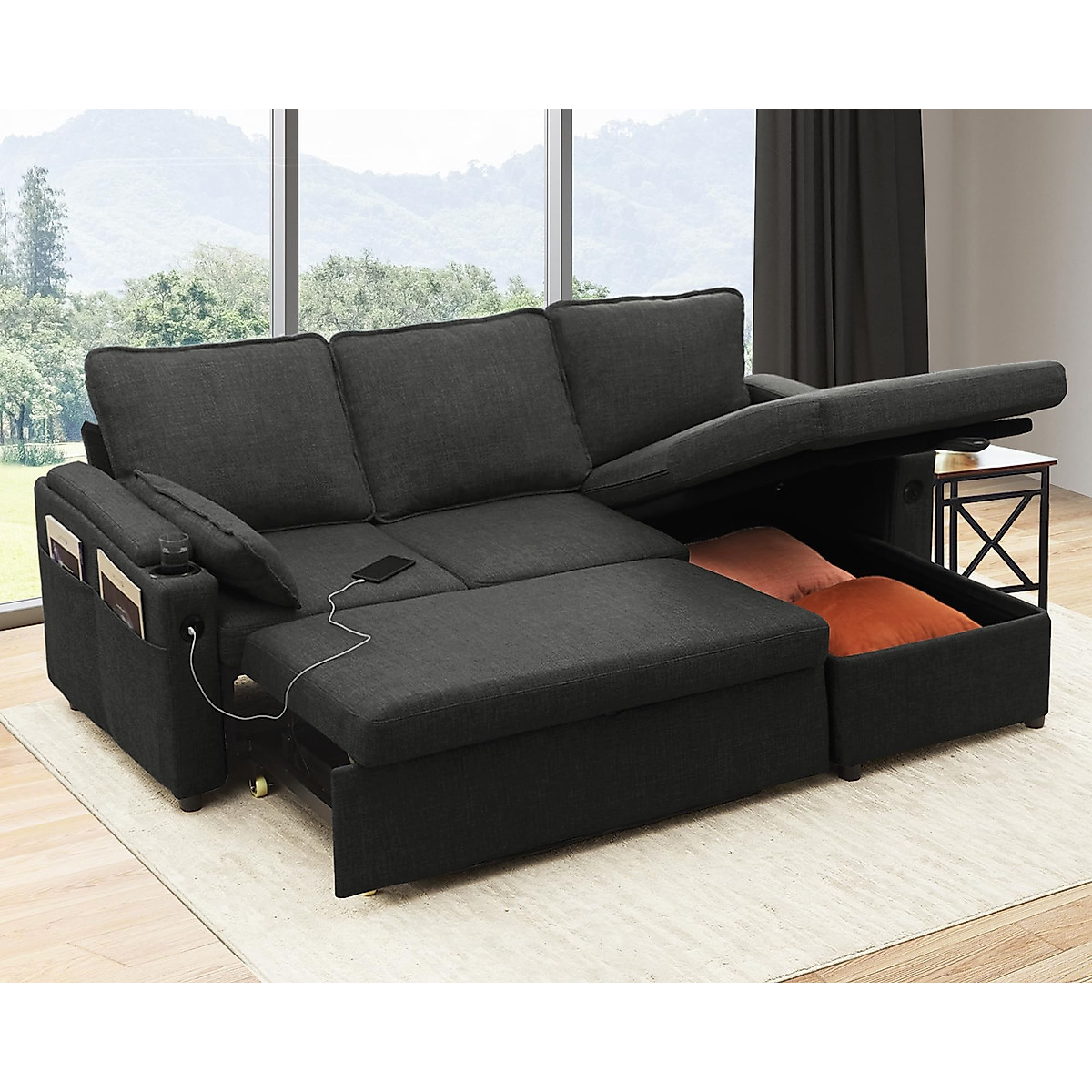 DURASPACE Sofa Bed Sleeper Pull Out 2 in 1 Sectional Sleeper Sofa Couches with Storage,USB, Cup Holder,Pullout Sectional Couches for Apartment Living Room (Dark Gray)
