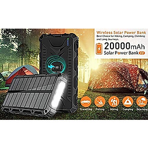 SunAmp Wireless Solar Power Bank | Solar Charger with USB Type C Quick Charge | Bright LED Flashlight | 20,000mAh | IP54 Rainproof Shockproof Dustproof for Travel and Outdoors | 4 Ports (Black) from