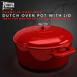 6 Quart Enameled Cast Iron Dutch Oven Pot with Lid — Round Enamel Coating, Safe up to 500° F, Dual Side Handles, Ideal for Baking, Roasting and Cooking — Oven Compatible & Easy to Clean — Red