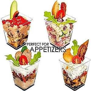 DLux 40 x 5 oz Mini Dessert Cups with Lids and Spoons, Square Large - Clear Plastic Parfait Appetizer Cup - Small Reusable Serving Bowl for Tasting Party Desserts Appetizers - Recipe Ebook