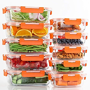C CREST [10-Pack] Glass Food Storage Containers - Food Prep Containers with Lids - Microwave, Oven, Freezer and Dishwasher Safe