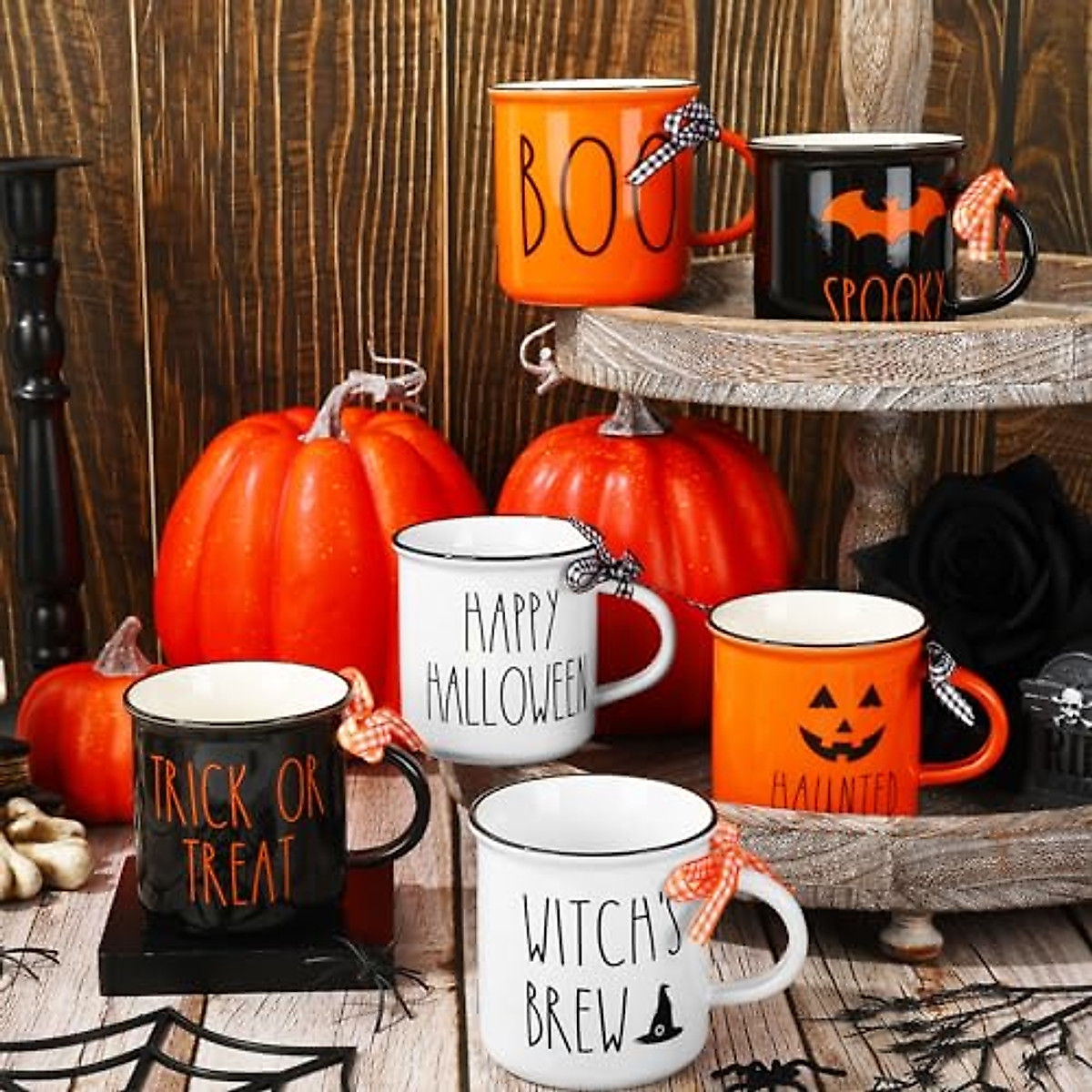 Whaline 6Pcs Halloween Mini Mugs with Plaid Ribbon Pumpkin Bat Mini Coffee Mug Halloween Party Cups for Table Centerpieces Tiered Tray Decor Gifts