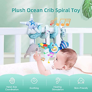 Upscale Trail Deluxe 5-Piece Spiral Plush Toy Set - Cute Hanging Baby Rattle Animals including Shark Ideal Stroller, Crib Mobile, & Car Seat Toys for Babies 0-6 months up to 1 Year Coral Blue