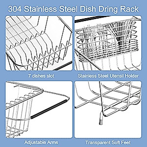 Sink Dish Drying Rack, 304 Stainless Steel Rustproof Expandable Dish Drainer Organizer with Stainless Steel Silverware Holder Over Inside Sink-Adjustable 14.96" to 20.59" （Maximium 7 Upright Dishes ）