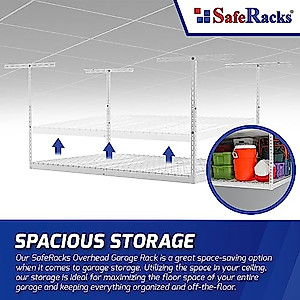 SafeRacks Overhead Garage Storage Rack - Heavy Duty Racks for Garage with 400 lb Capacity, Easy Garage Shelving, Adjustable Storage Rack, Ceiling Mount Storage Shelves 3x6 White (18"-33")