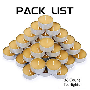 Natural Beeswax Tea Candles in Metal Aluminum Cup - Organic Mini Beeswax Candle Natural Scent Smokeless 4-5 Hours Long Burning - Yellow, Pack of 36