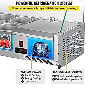 VEVOR Refrigerated Condiment Prep Station, 60-Inch, 16.8Qt Sandwich Prep Table w/ 4 1/3 Pans & 4 1/6 Pans, 146W Salad Bar w/ 304 Stainless Body Tempered Glass Shield Digital Temp Display Auto Defrost