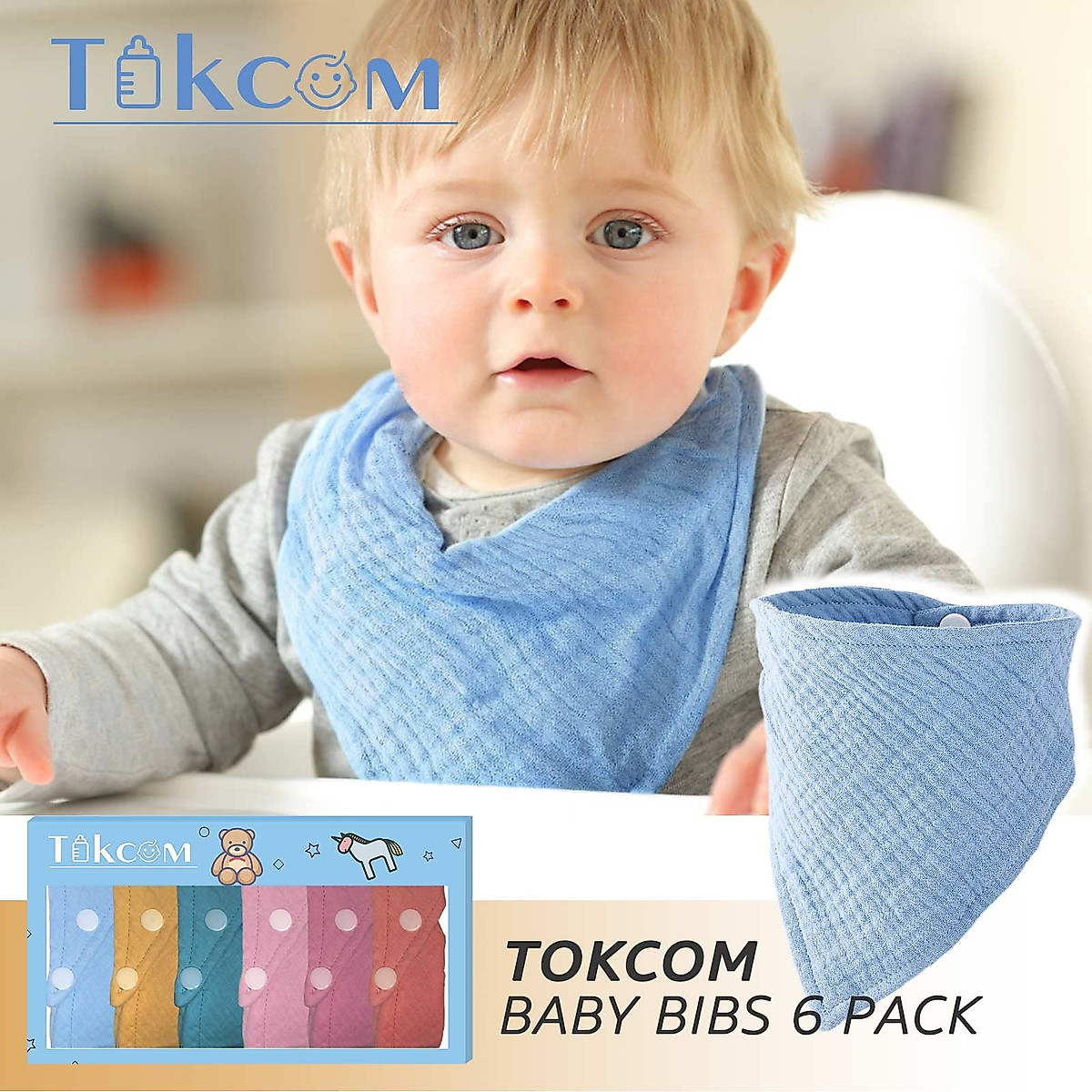 Tokcom Baby Bibs, Drool Bibs, Muslin Baby Bandana Cotton for Teething and Drooling, Bandana Drool Bibs 100% Cotton for Unisex Baby(6 Pack)