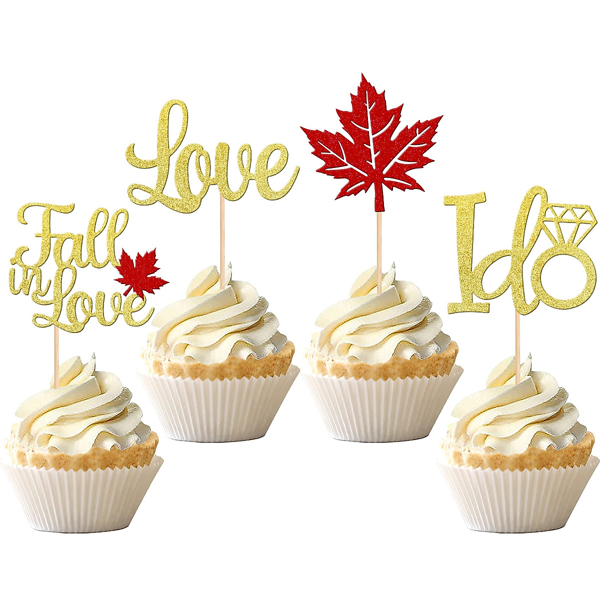 24 PCS Fall in Love Cupcake Toppers Glitter Maple Leaves Love I Do Cupcake Picks Fall Theme Wedding Cake Decorations for Bridal Shower Engagement Thanksgiving Birthday Party Supplies