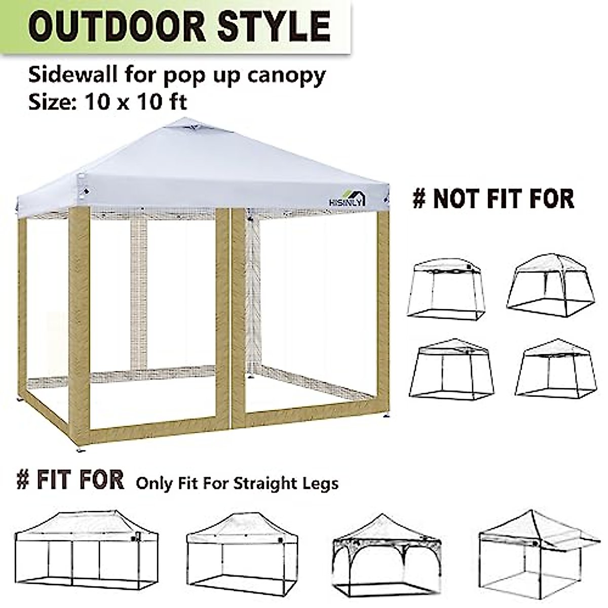 Hisinly Canopy Mesh Sidewalls for 10x10 Pop Up Canopy, 300D Oxford Fabric with Silver Caoting, Sidewall Netting, 4 Pieces Mesh Sidewalls with Door, Kahki (Canopy Tent NOT Included) (SW-04-4)