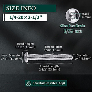 1/4-20 x 2-1/2" Button Head Socket Cap Bolts Screws, 304 Stainless Steel 18-8, Allen Hex Drive, Bright Finish, Fully Machine Thread, Pack of 20
