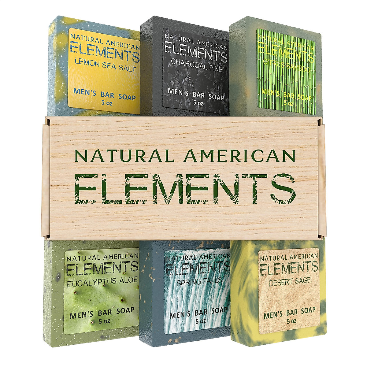 NATURAL AMERICAN Mens Organic Bar Soap, Masculine Scents, 100% Natural Soap for Men - Essential Oils, Organic Shea Butter Natural Body Soap, Natural Bar Soap for Men - ELEMENTS Body Soap 5 oz (6pk)
