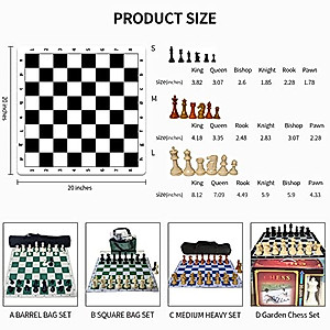 BOYISUNG Tournament Chess Set Weighted Staunton Pieces and 20"x20"in Vinyl Foldable Board Easy for Packing and Traveling Classic Plastic Black Board Long Canvas Bag Ａ4