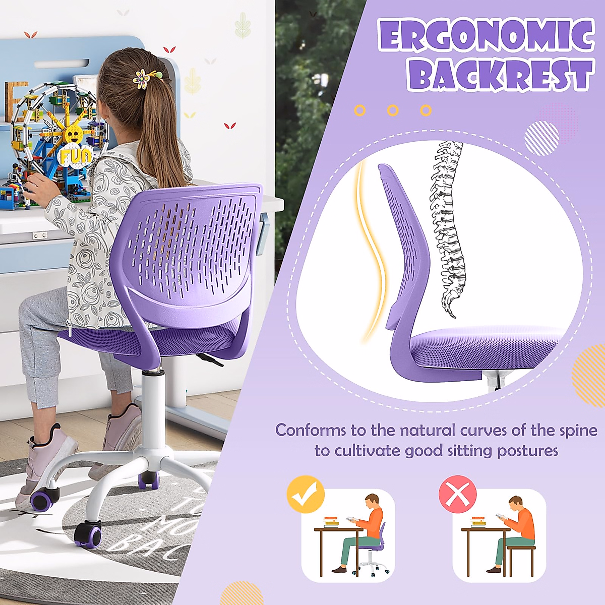 LUARANE Kids Desk Chair, Adjustable Swivel Chair for Children, Armless Mesh Task Study Chair with Lumbar Support, Adjustable Height, Universal Wheels, Rolling Computer Chair for Bedroom, Office