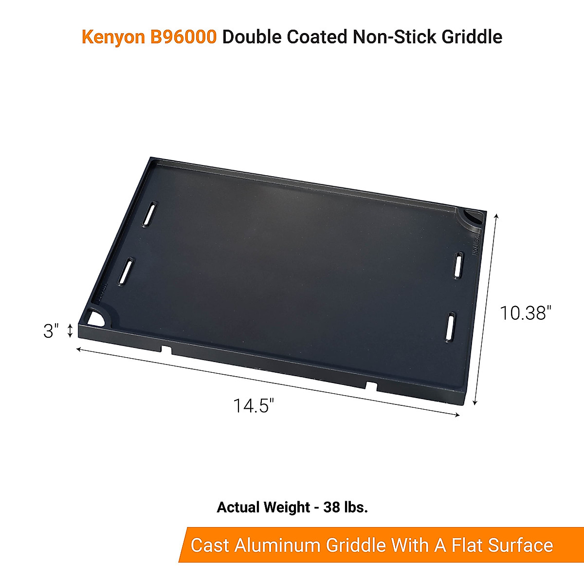 Kenyon Double Coated Non-Stick Griddle For Electric Grill, Cast Aluminum Griddle With Flat Surface, Patented Designed Specifically For Kenyon Grills, PTFE And BPA Free, Dishwasher Safe, Black
