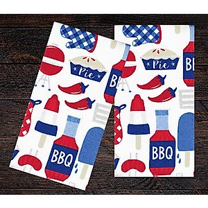 SeasonsEasy Patriotic Kitchen Towels Set of 2 American BBQ Cookout Theme Dual-Sided Cotton July 4th Labor Day