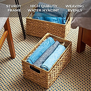 BARIEN Set of 6 Natural Water Hyacinth Storage Baskets 12.6” x 8” x 7”, Rectangular Wicker Basket with Built-in Handles, Medium (Natural - Set of 6)