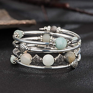 Beaded Pearl Bangle Wrap Bracelet - Fashion Bohemian Jewelry Multilayer Charm Bracelet with Thick Silver Metal Beads, Gift For Women (Green)