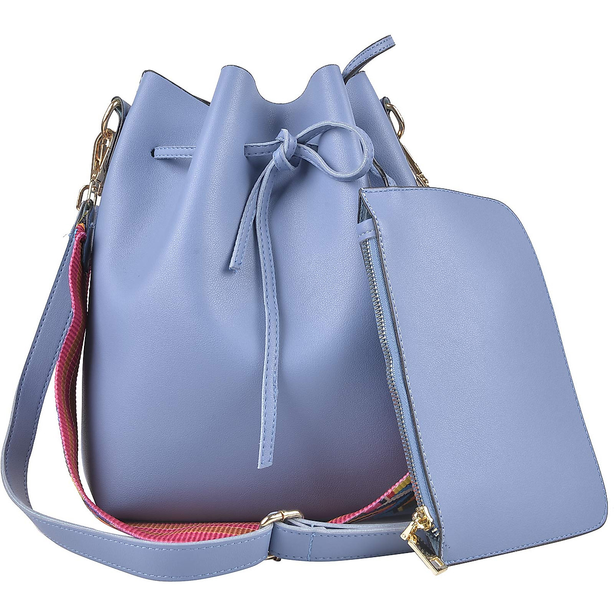 QZUnique Handbag Set Women's PU Leather Drawstring Bucket Bag Crossbody Shoulder Bags Purses Set With Colorful Strap Blue