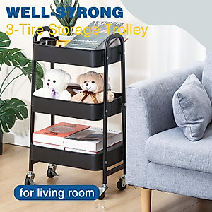 WELL-STRONG Metal Storage Trolley - 3-Tier Rolling Cart with Lockable Wheels - Multi-Purpose Utility Cart with Handle - Mobile Shelving Organizer for Bathroom, Office, Kitchen, Bedroom, Garage Black