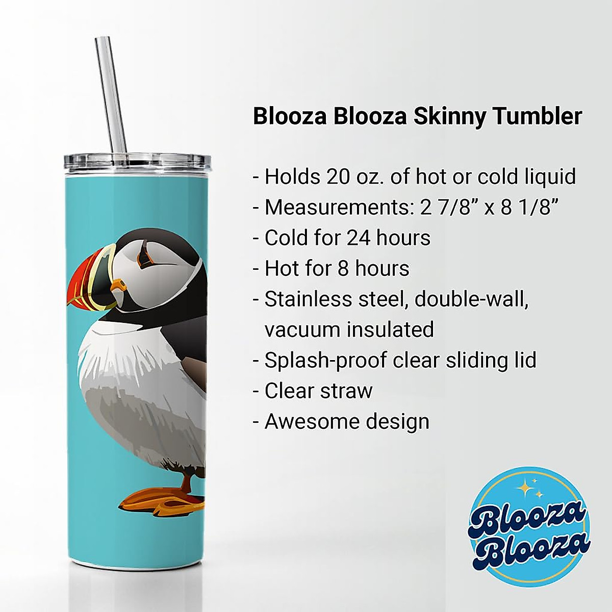 Puffin Seabird Bird Skinny Tumbler 20oz with Straw Insulated Water Bottle Gift