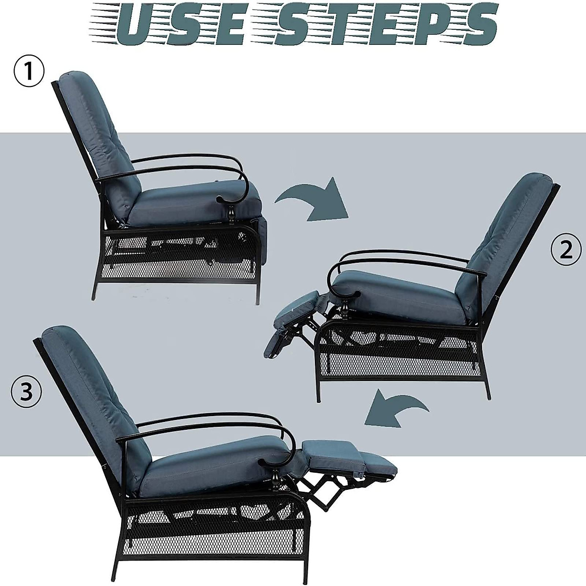 Crownland Outdoor Patio Furniture Adjustable Reclining Lounge Chair Set, Patio Black Metal Recliner with Peacock Blue Removable Cushion (2 Pieces)
