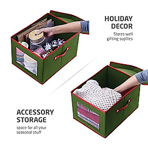 ZOBER Holiday Accessory and Decor Storage Box 2-pack with Decorative Trim, Holiday Storage Solution, Green