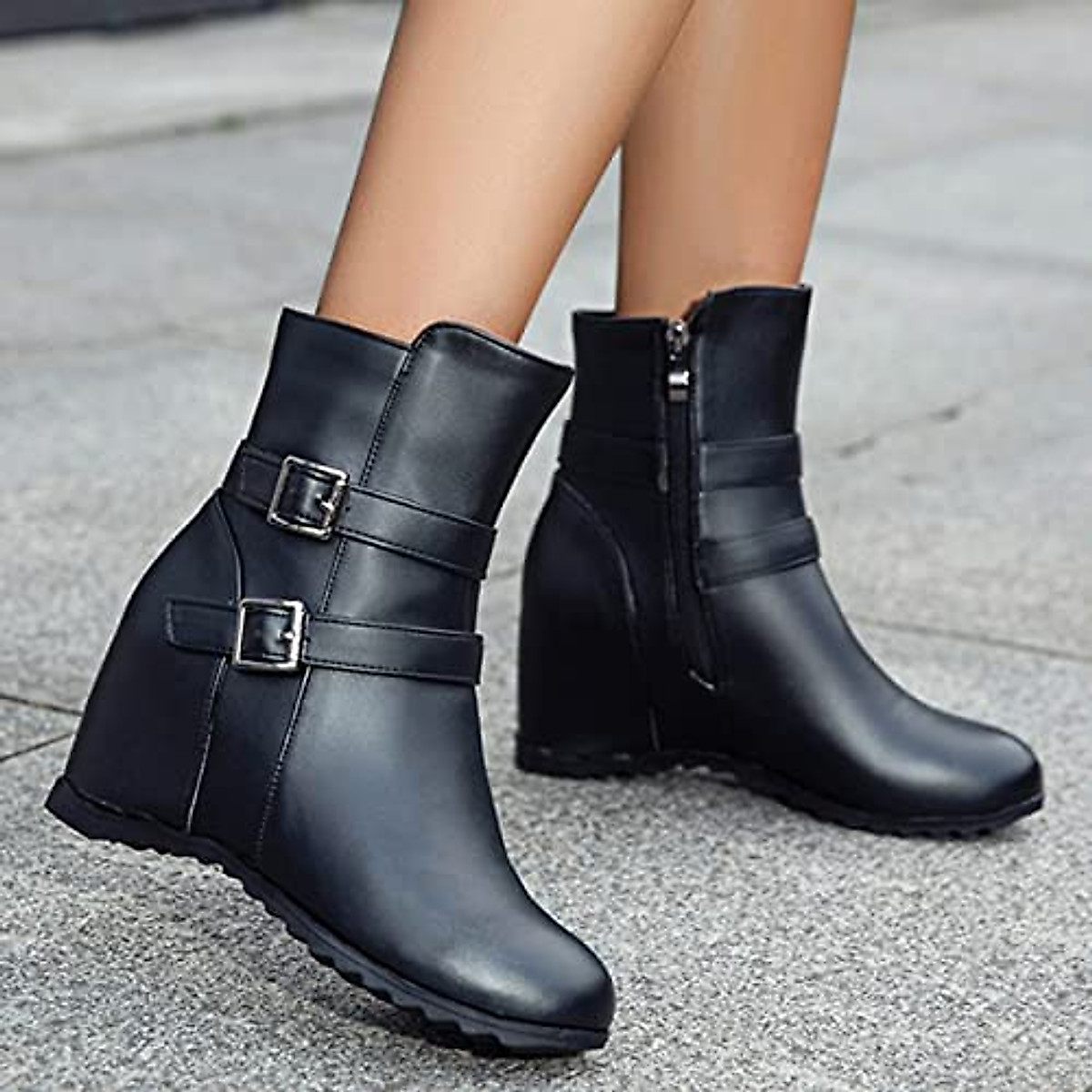 Fashion Wedge Increase Women's Buckle Style Belt Inner British Heel Height Boots women's boots Dress Boots for Women (Black, 7.5)