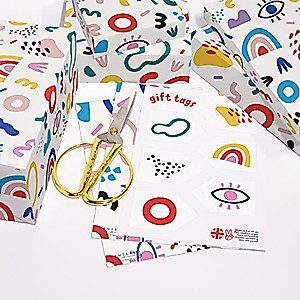 CENTRAL 23 Abstract Gift Wrapping Paper - 6 Sheets Colorful Gift Wrap - Y2k - Teenager - Doodles - White Birthday Wrapping Paper For Women Men Him Her - Comes With Cute Stickers