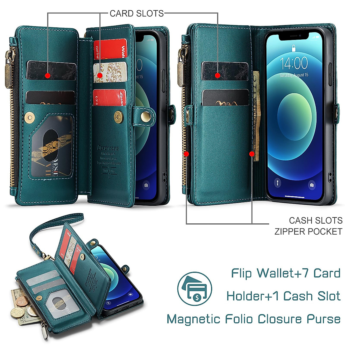 Defencase for iPhone 12/12 Pro Case, RFID Blocking for iPhone 12 Wallet Case for Women with Card Holder, Zipper Magnetic Flip PU Leather Strap Protective Cover for iPhone 12/Pro Phone Case, Blue Green