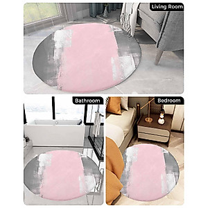 Contemporary Fluffy Round Area Rug Carpets 3.3ft, Plush Shaggy Carpet Soft Circular Rugs, Non-Slip Fuzzy Accent Floor Mat for Living Room Bedroom Nursery Pink Grey Abstract Minimalist Painting Art