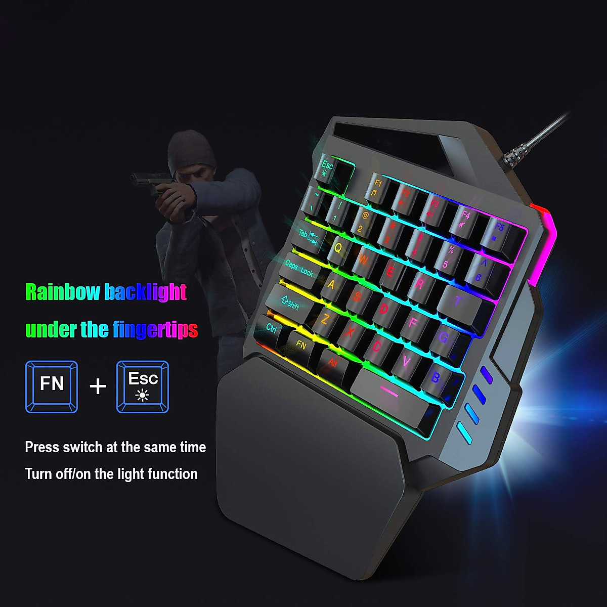 MoModer One Hand Gaming Keyboard and Mouse Combo, 35 Keys Wired Mechanical Feel Rainbow Backlit Gaming Keyboard with Gaming Mouse for PC PS4 Xbox Gamer