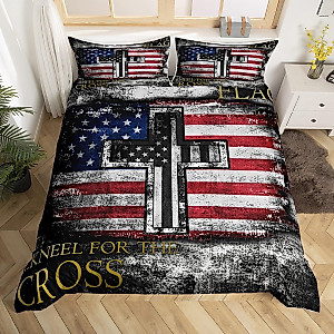 American Flag Duvet Cover for Teen Boys Camo Black White USA Flag Comforter Cover 3 Pieces, The Cross Theme Bedding Set for Devout Protestant Religious Patriotic Style Bedspread Cover Full Size