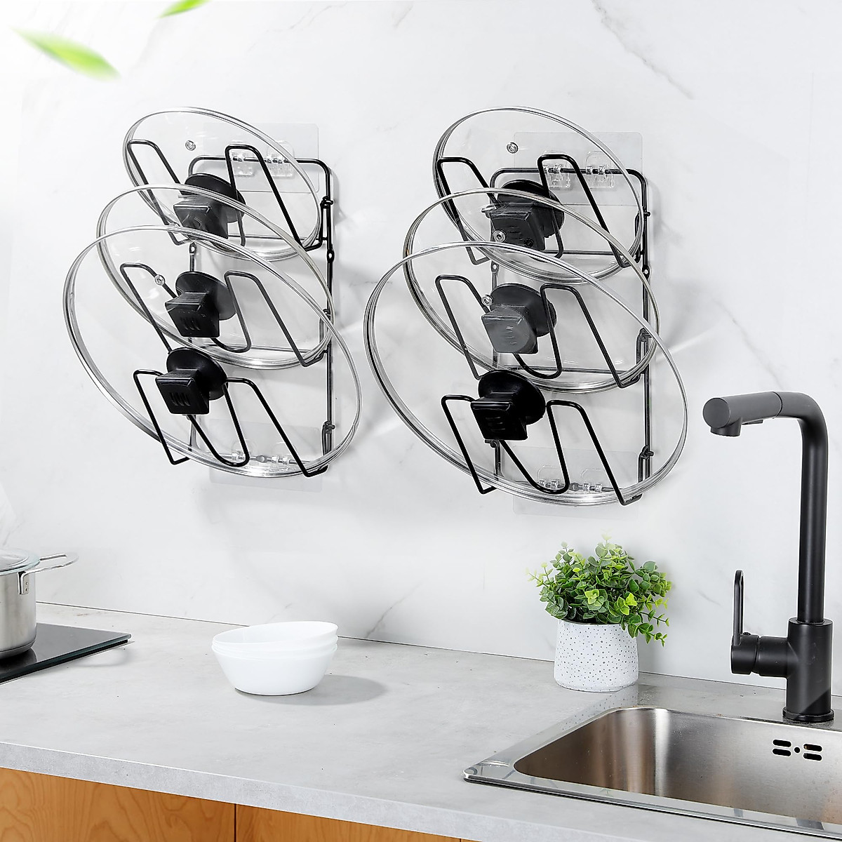 YIGII 6 Tier Pot Lid Organizer/Pot Lids Holder, 2 Pack Pot Lid Rack No Drilling Lid Rack for Cabinet Door or Wall Mounted, for Kitchen Pots And Pans Cover Storage, Black