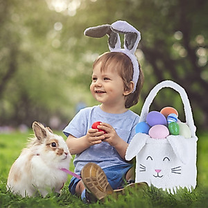 Easter Basket Fluffy Bunny, Easter Baskets for Kids, Easter Gifts for Girls & Boys, Large Easter Basket Storage, Light Weight Easy Carry, Foldable Bunny Ears, 9.5 x 9.5 Inches