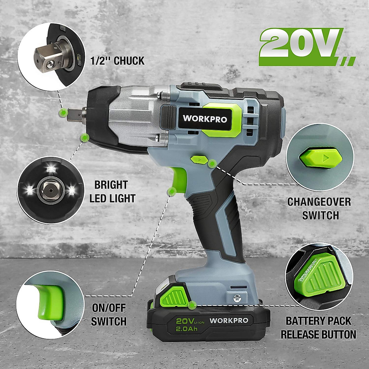 WORKPRO 20V Cordless Impact Wrench, 1/2-inch, 320 Ft Pounds Max Torque with 20V Cordless Drill/Driver Kit, 3/8”, 18+2 Torque Setting