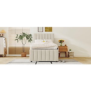 FEELHOME Upholstered Platform Bed, Twin Size Wooden Bed Frame with Pull-Out Twin Size Trundle and 3 Drawers, Wood Slat Support, No Box Spring Needed, Linen Fabric, Beige